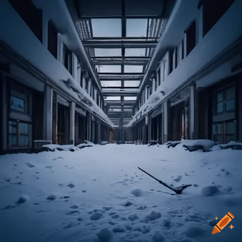Snow-covered interior of a building room on Craiyon