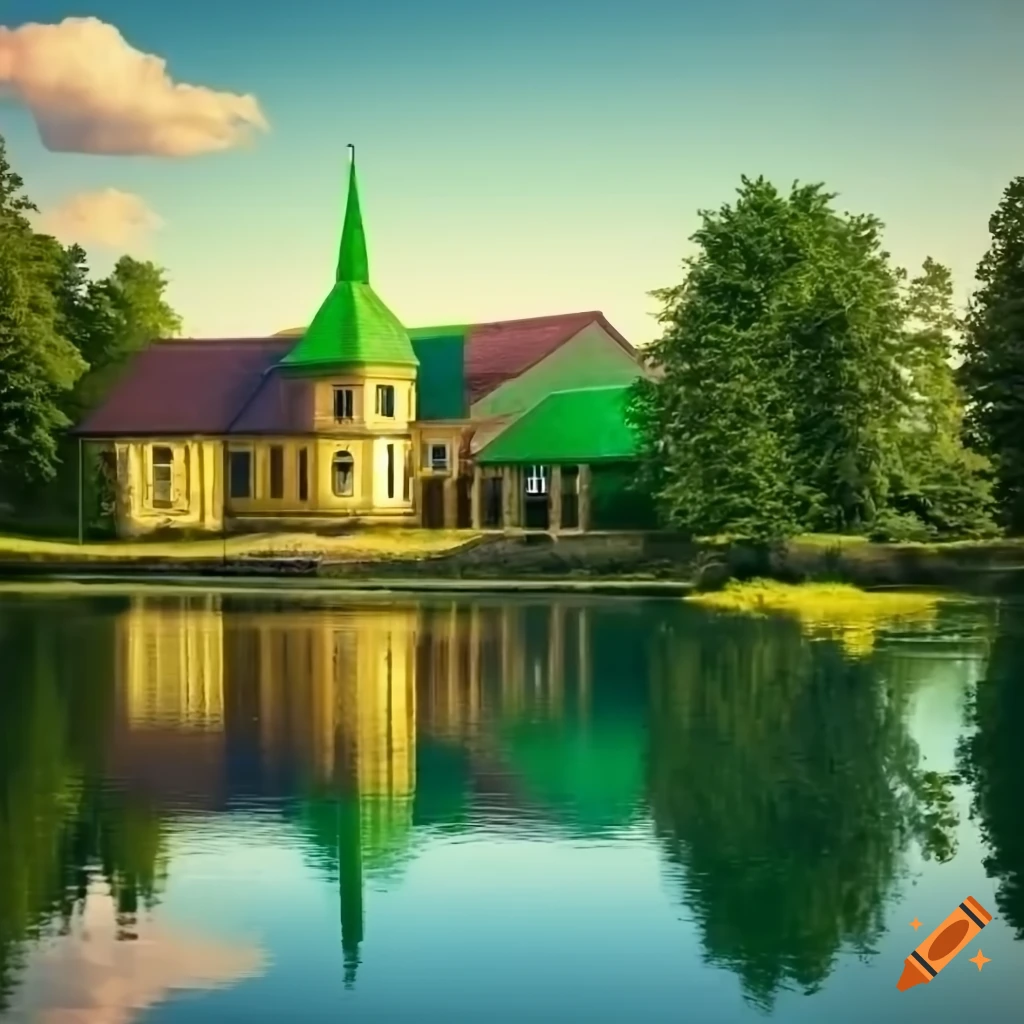Sunset view of a public library by a lake on Craiyon