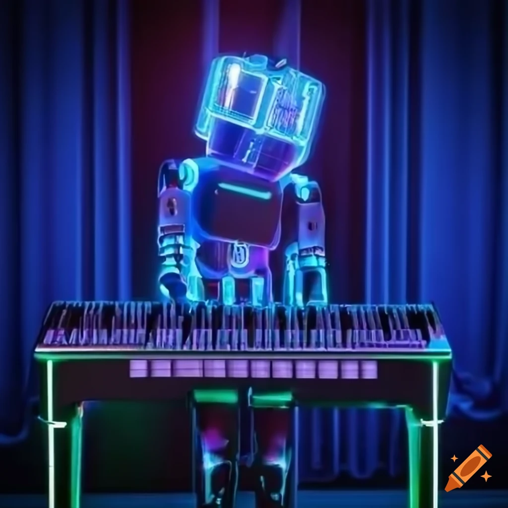 Neon robot playing a synth keyboard