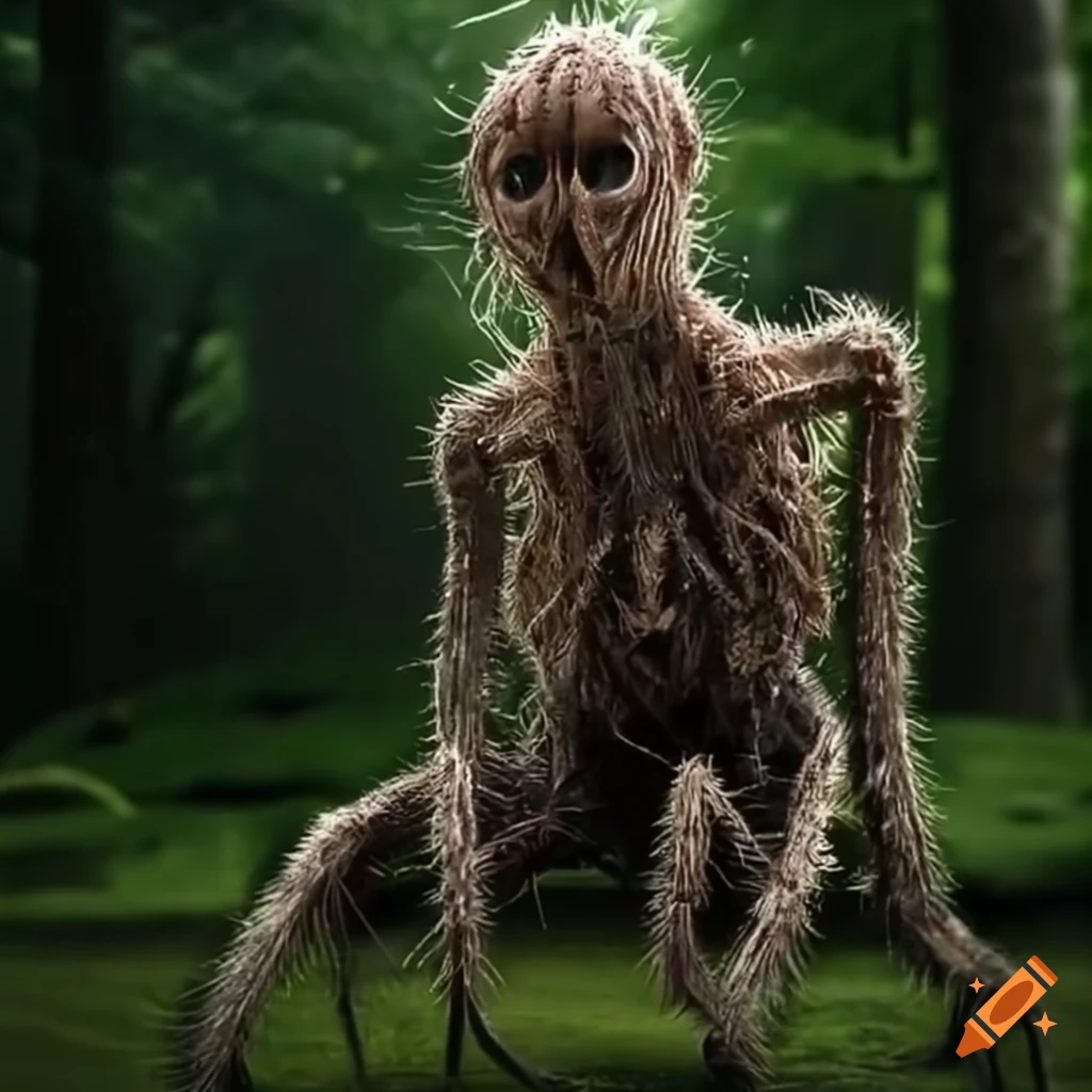 Creature made of spider and human in a forest on Craiyon