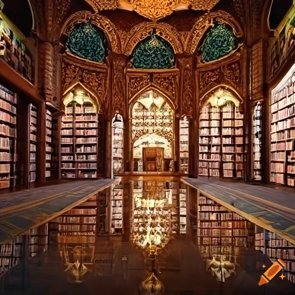 Interior view of a grand Islamic style library on Craiyon