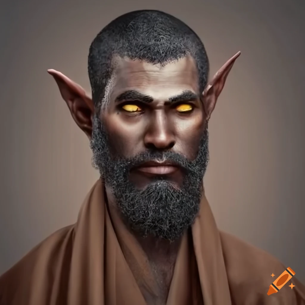 Old elf scribbling notes with long quill and wearing half-moon ...