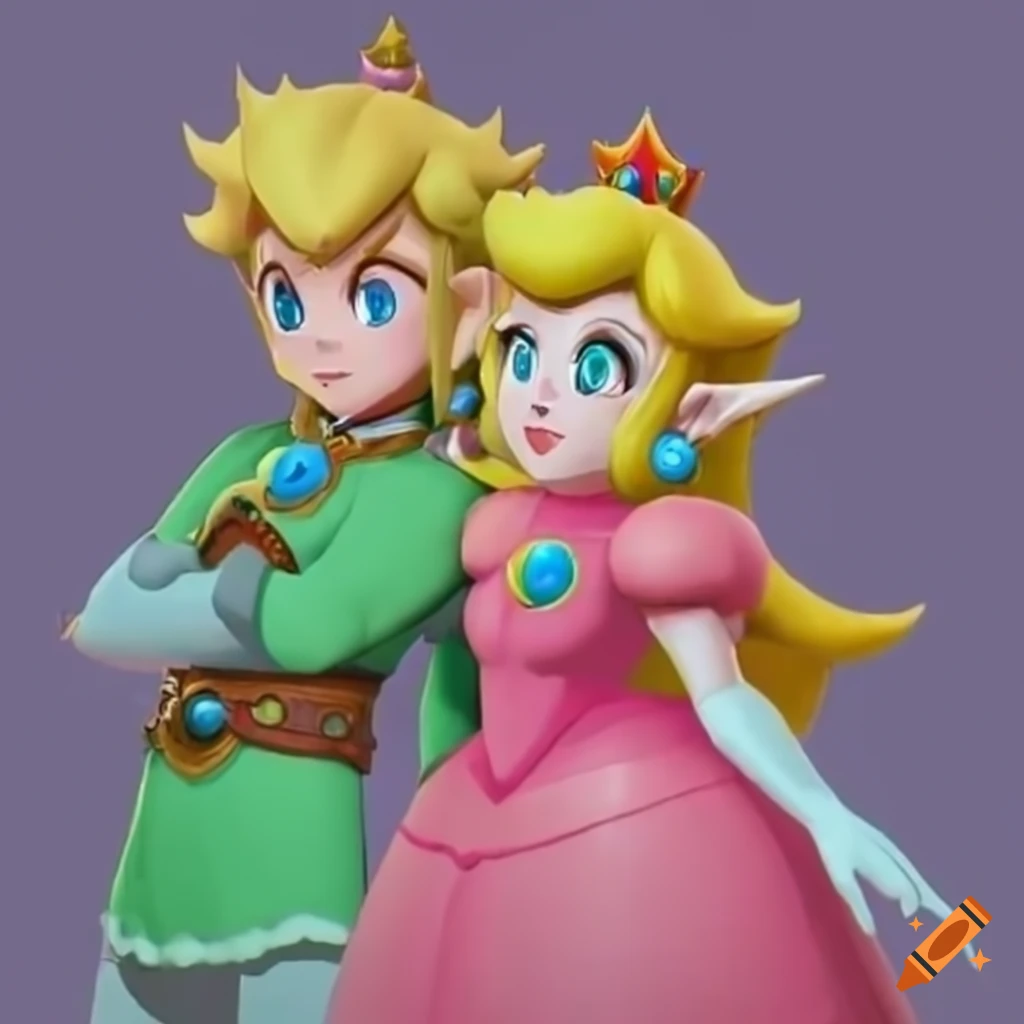 Cosplay of Link and Princess Peach posing together on Craiyon