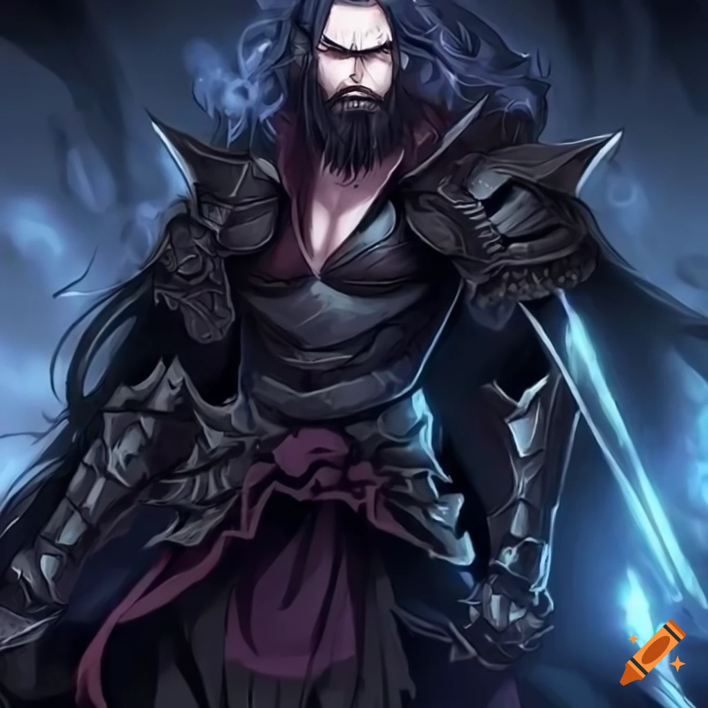 Anime character with long dark hair and heavy armor