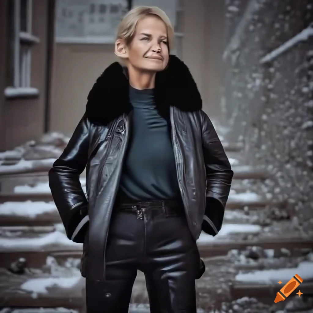 Close-up view of Ulrika Jonsson-inspired leather outfit on Craiyon