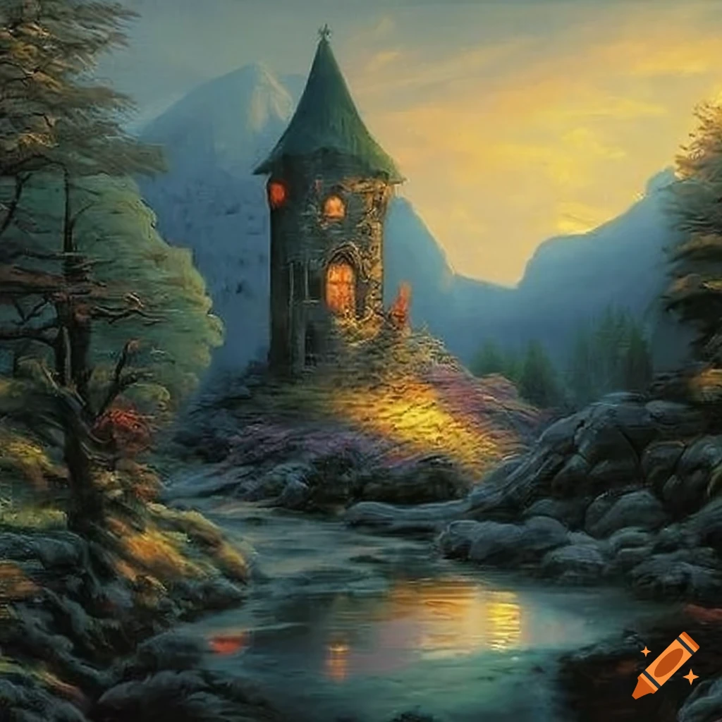 Painting of a wizard tower in a beautiful landscape