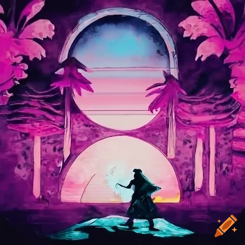 Artwork of a retro vaporwave zelda game