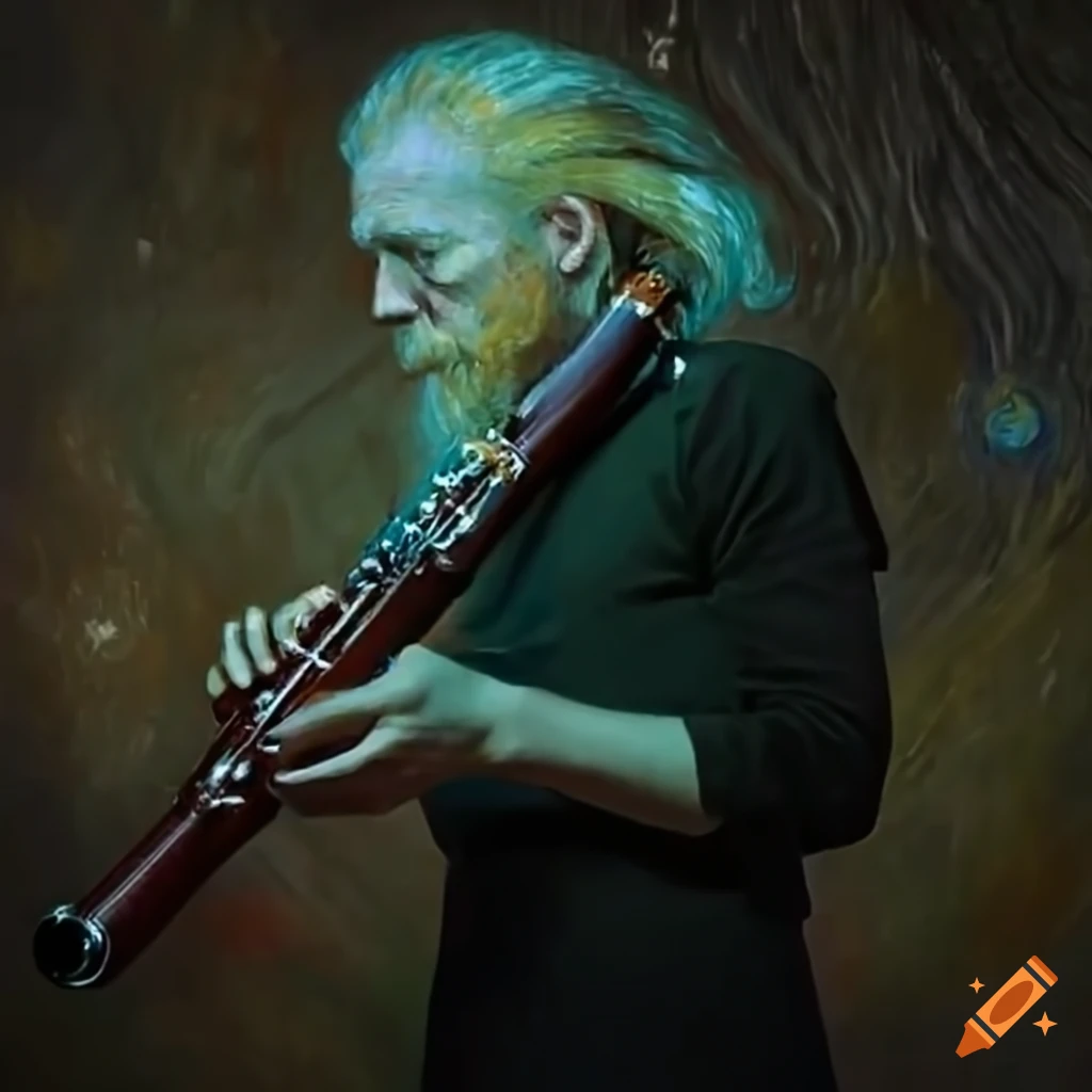 Blonde man playing bassoon in a Van Gogh inspired universe on Craiyon