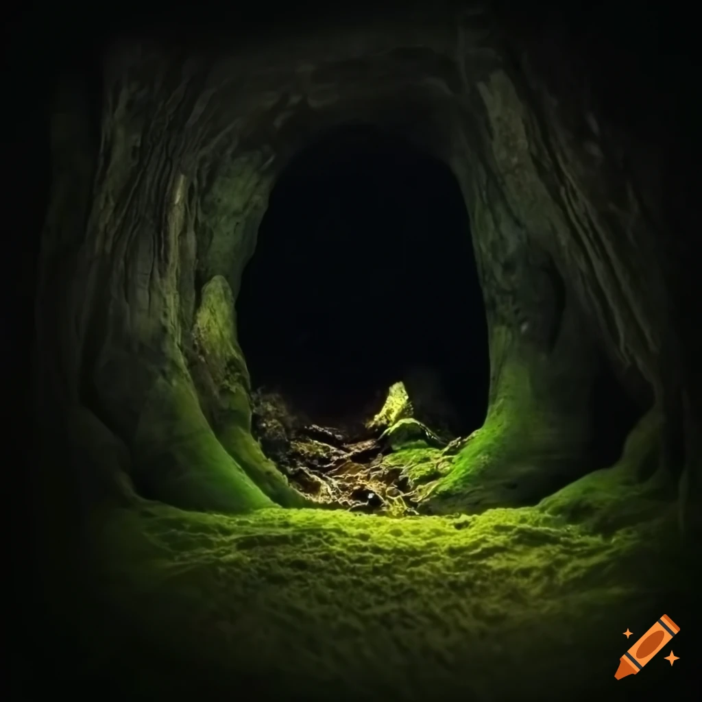 Mossy cave surrounded by glowing mushrooms in a dark forest on Craiyon