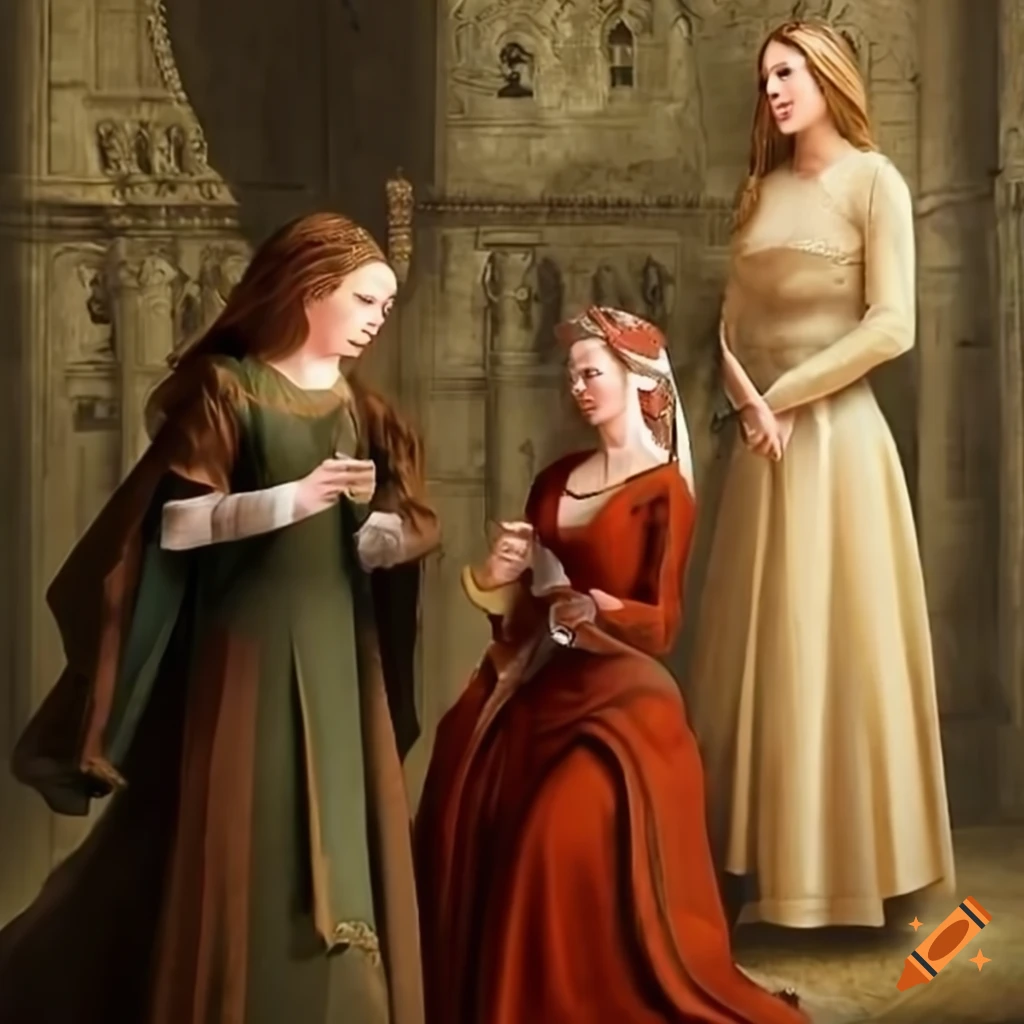 Medieval women conversing with a man on a throne on Craiyon