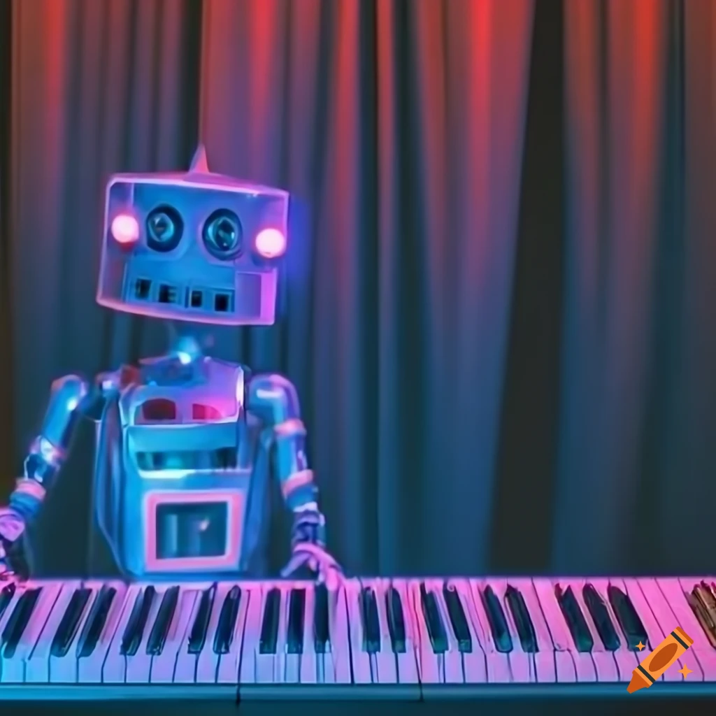 Neon robot playing a synth keyboard