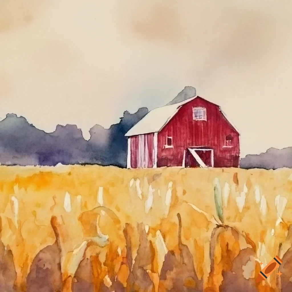 Watercolor painting of a rolling countryside, with fields of wheat, a ...