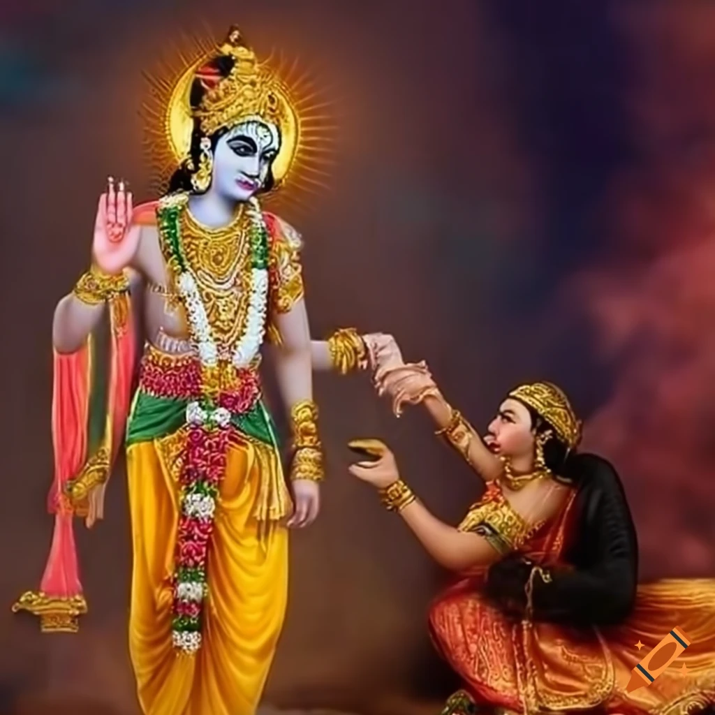 Depiction of Lord Krishna giving wisdom during battle on Craiyon