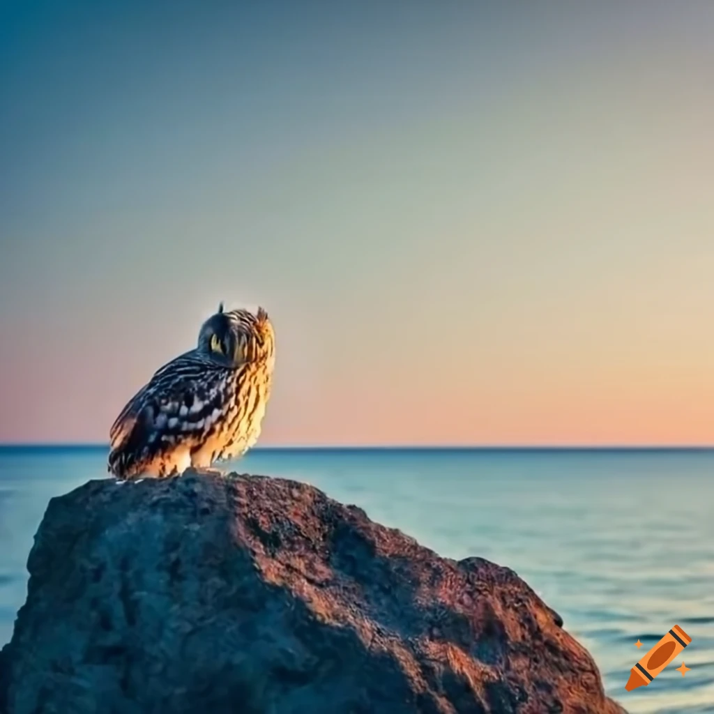 Majestic owl overlooking the ocean on Craiyon