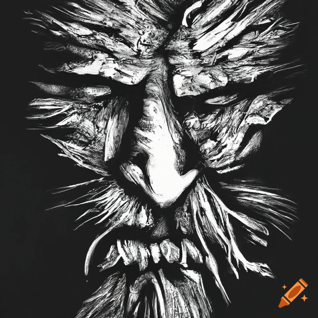 Black and white charcoal artwork of a menacing greenman