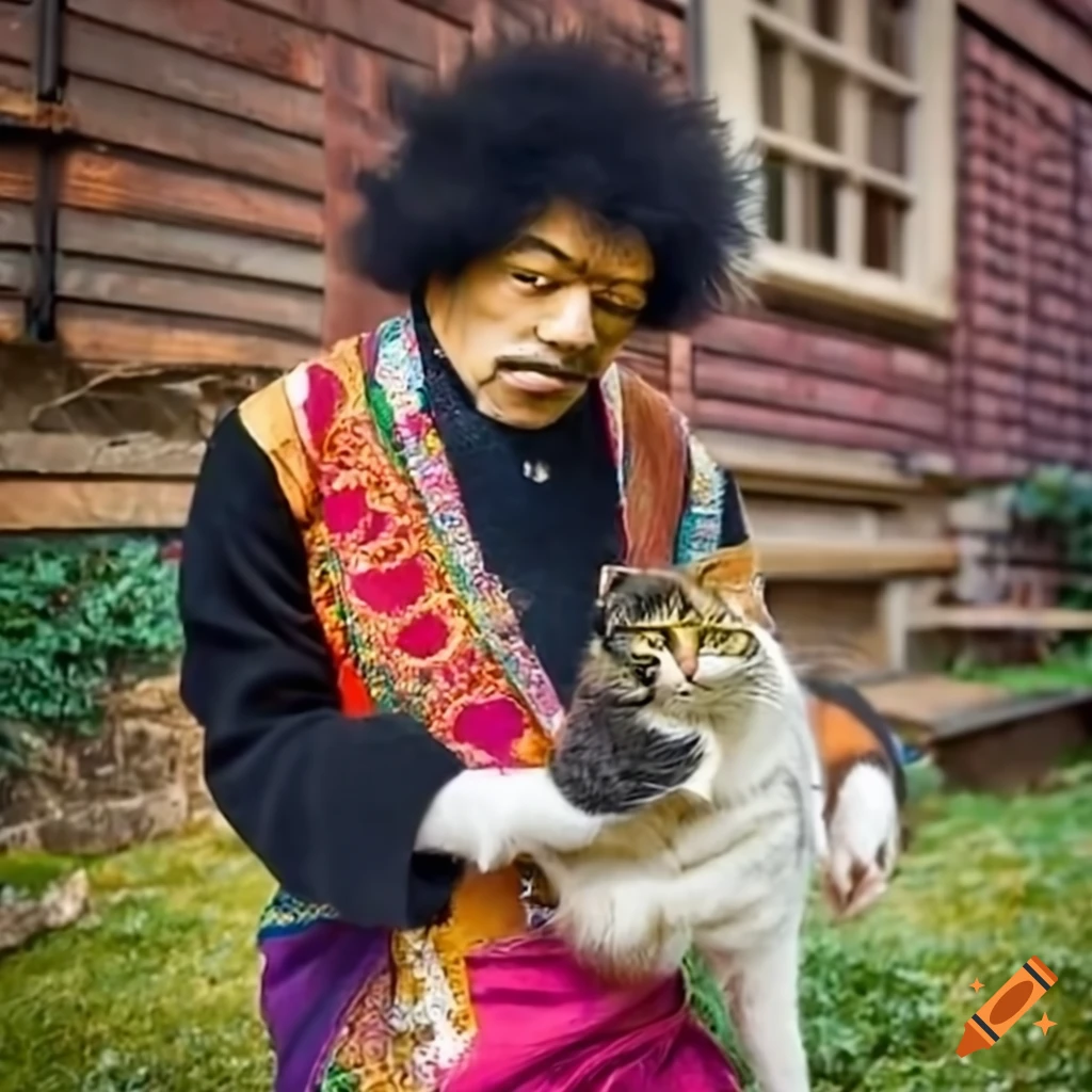 Jimi hendrix dressed as babushka feeding a cat on Craiyon