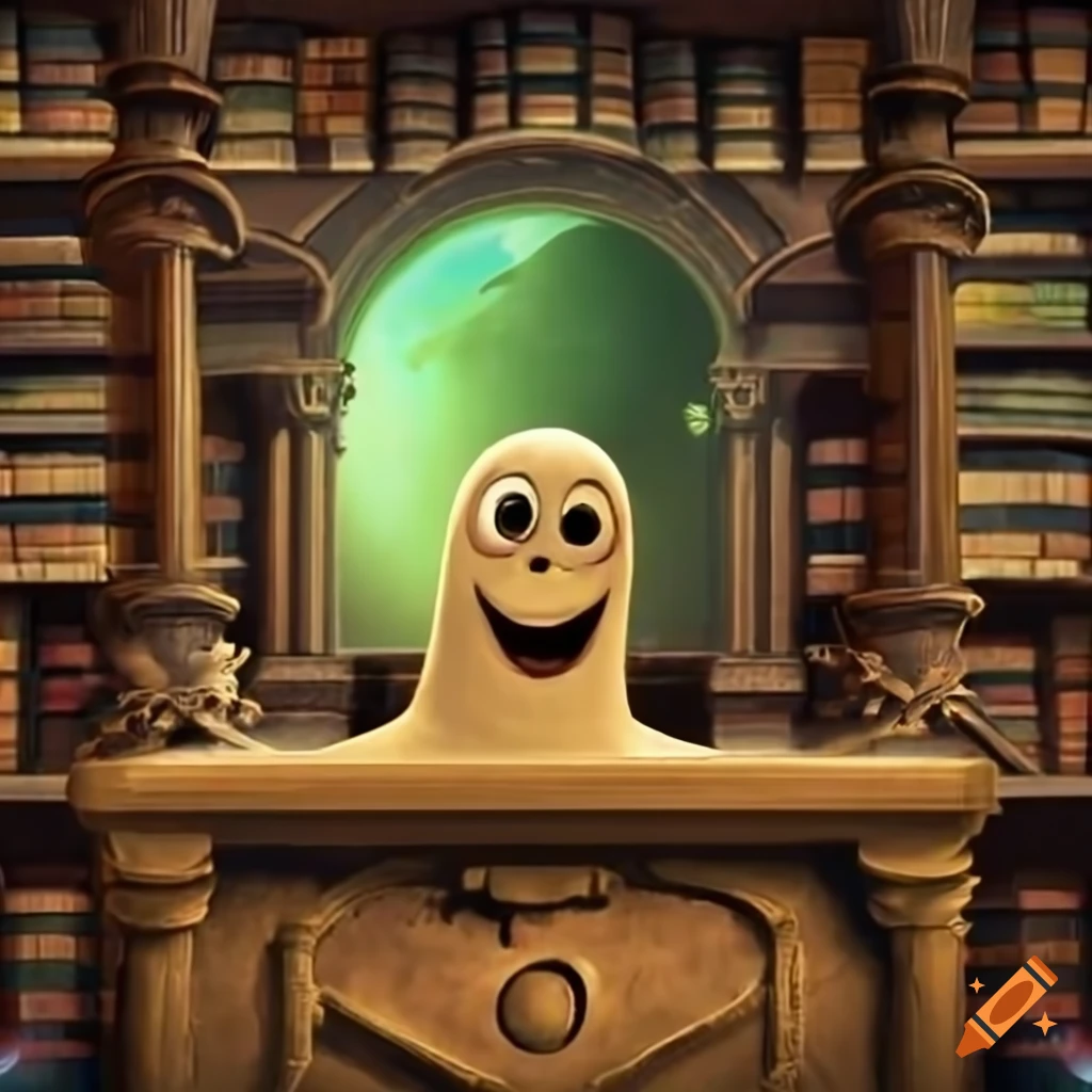 Pixar-style ghost in a castle library