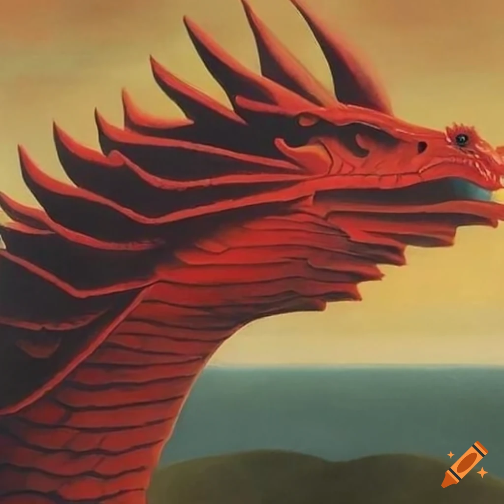 Close-up of a red dragon painting by rene magritte on Craiyon