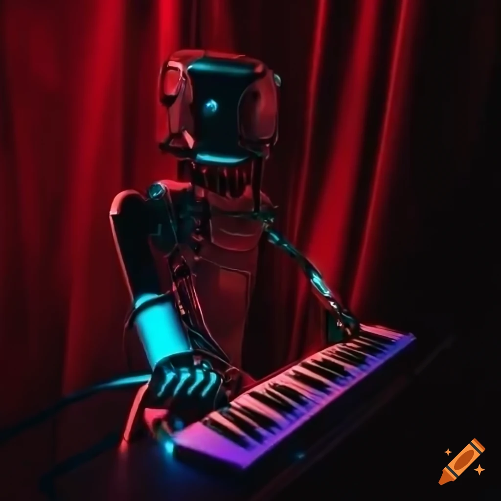 Neon robot playing a synth keyboard on Craiyon