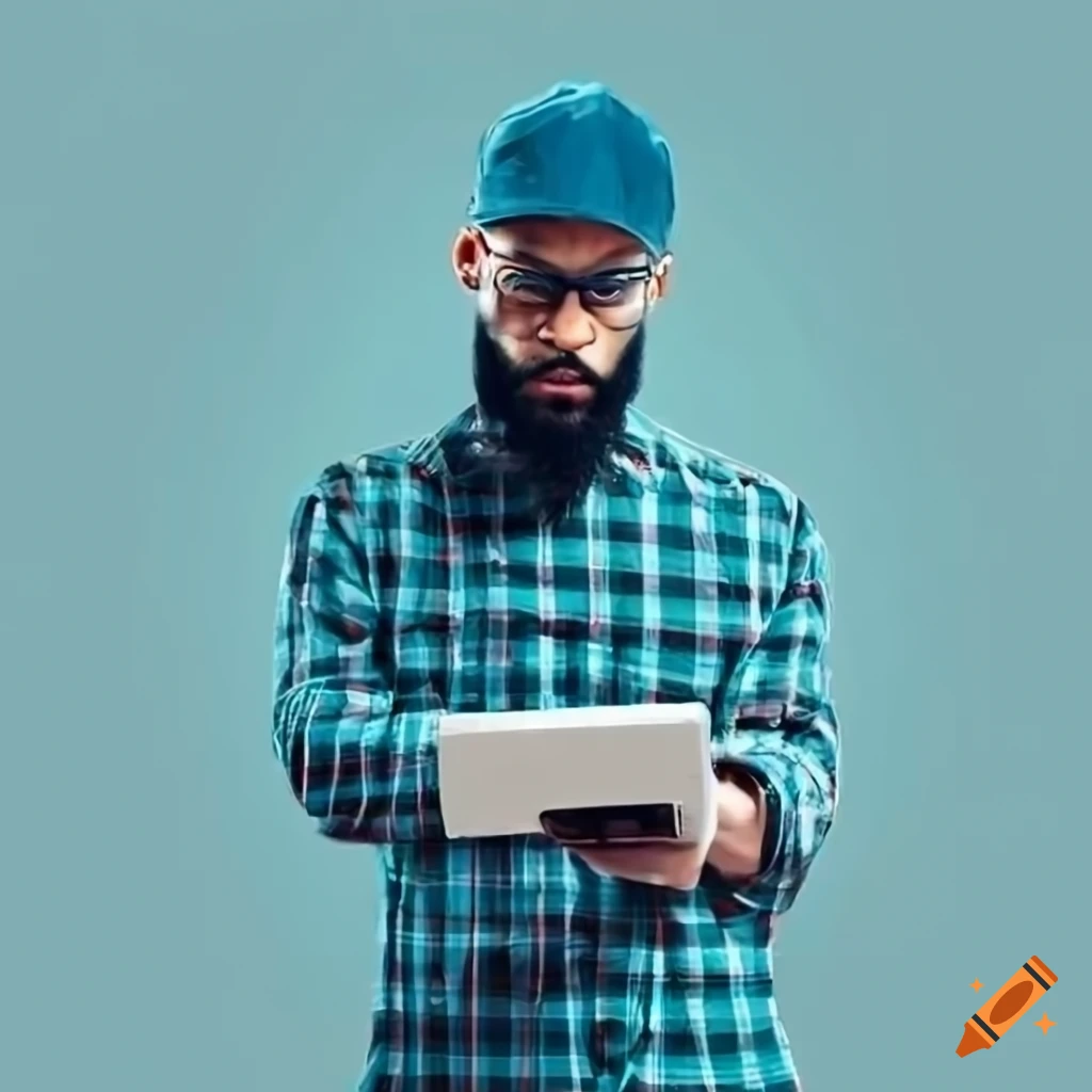 Focused bearded man developer with a black bluetooth headset working on ...
