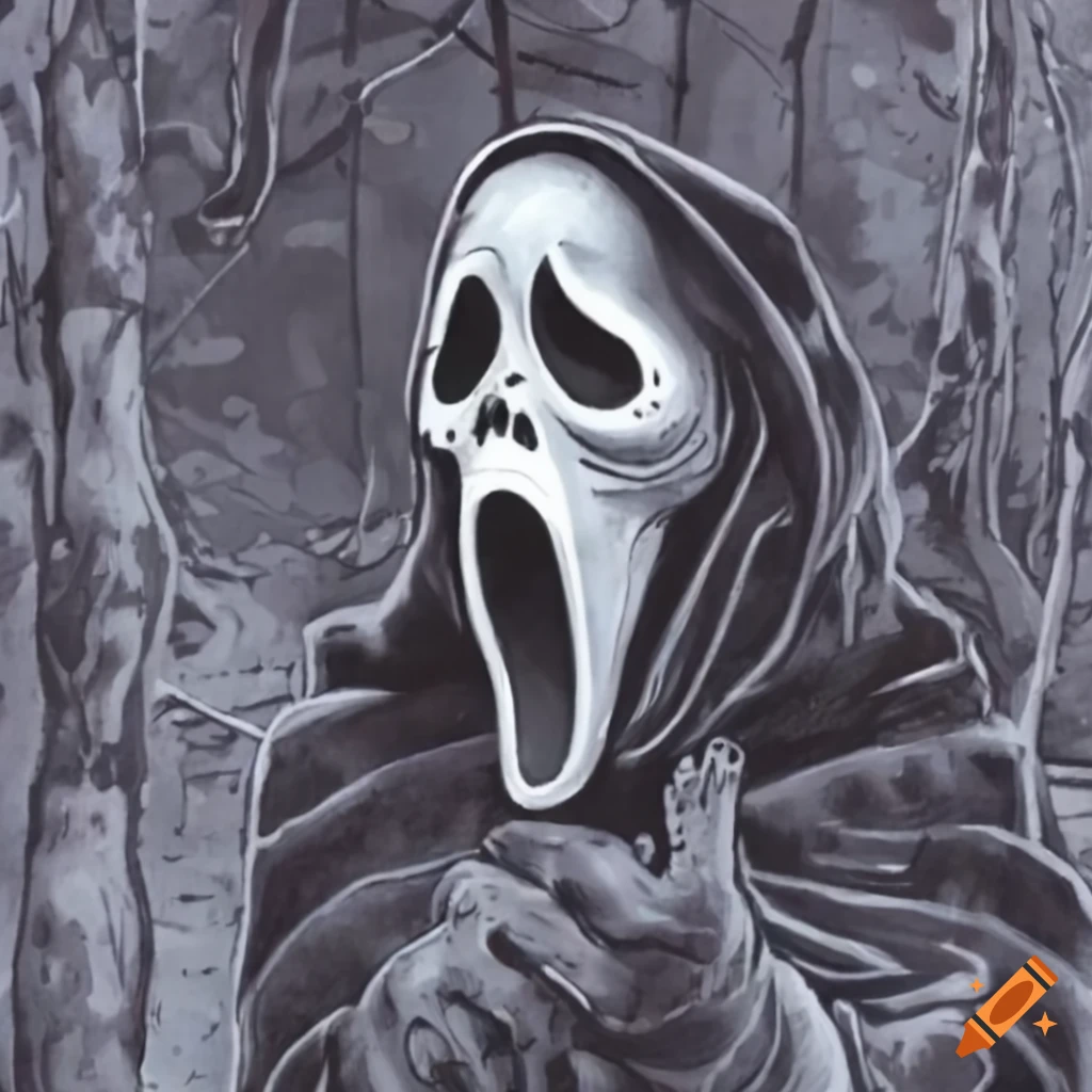 Comic book style artwork of ghostface in the woods on Craiyon