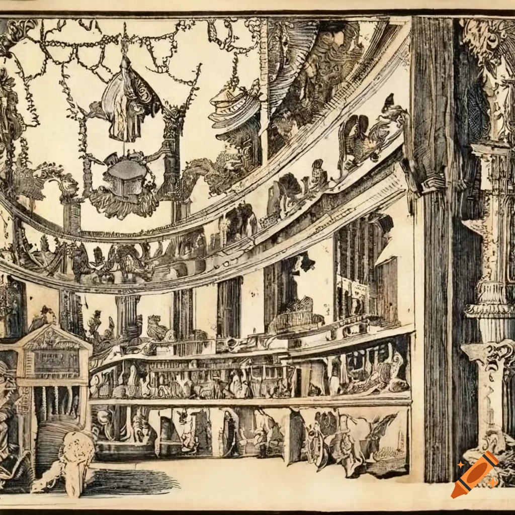 Intricately carved dürer woodcut of a theater stage map on Craiyon