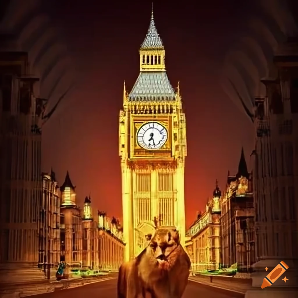 Pharaoh and lion in front of big ben and pyramid