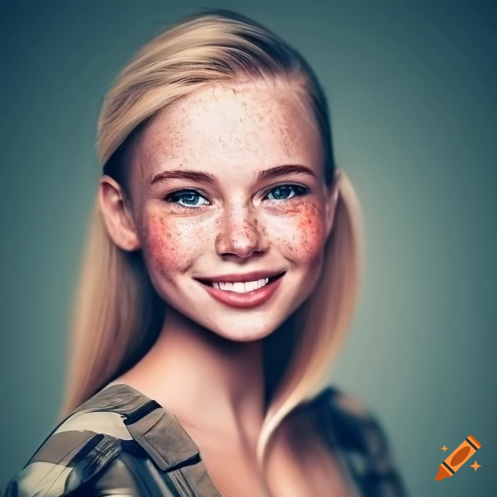 Portrait of a smiling woman with freckles and blonde hair on Craiyon