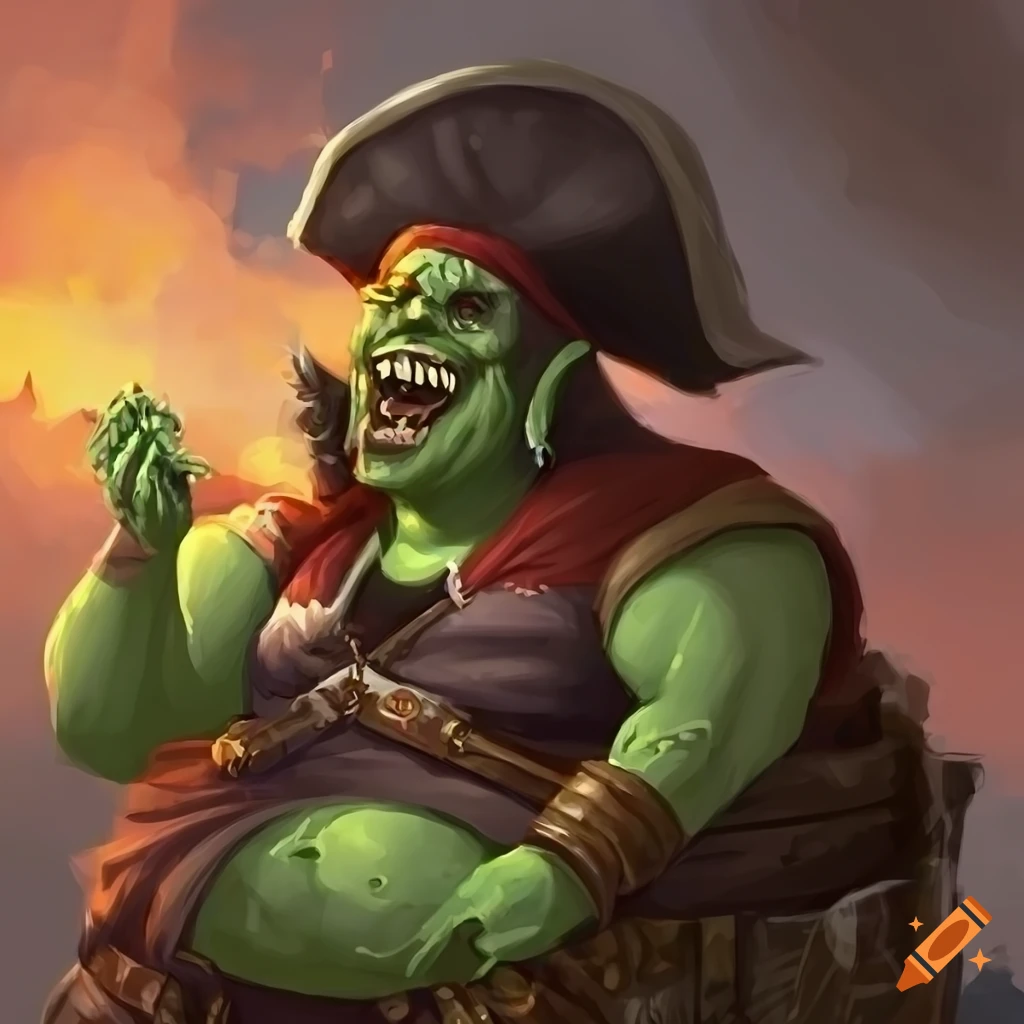 Fantasy art of a smiling orc pirate with a big hat on Craiyon