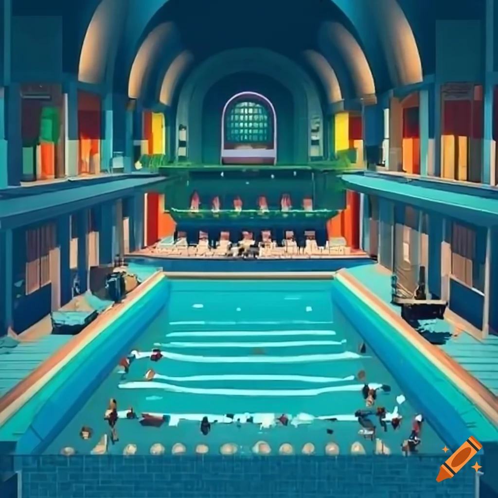 Illustrated city map with school, swimming pool, cinema, park ...