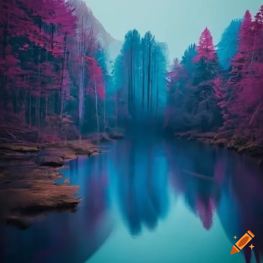 Beautiful pink and blue forest with a river