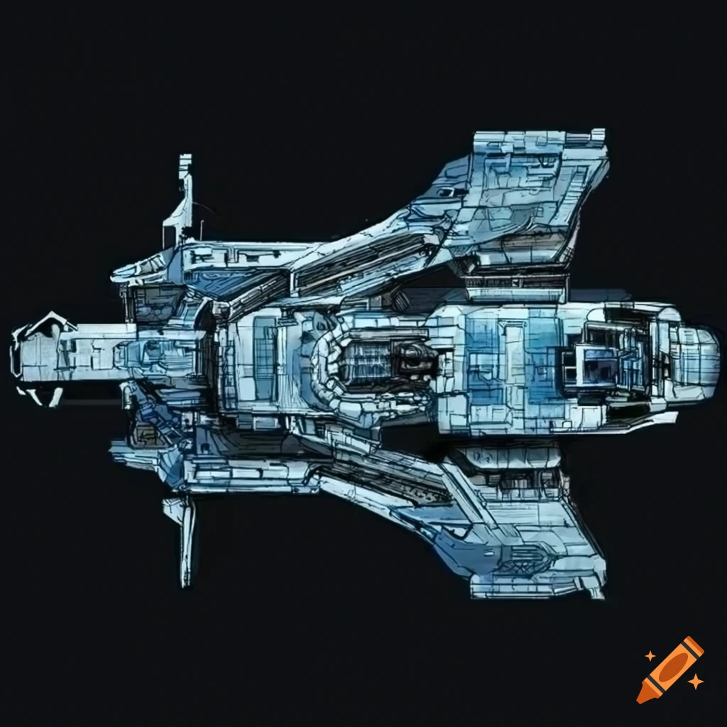 Detailed grey industrial spaceship in top-down view on Craiyon