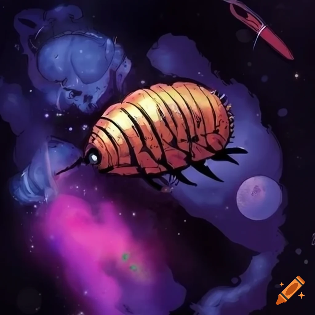 Comic art of a menacing pill bug in space