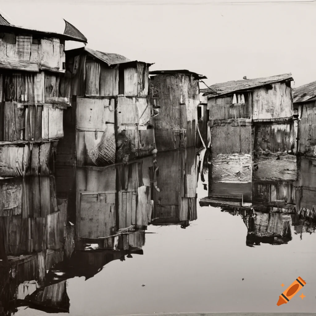 City slums with structures resting on stilts on lake on Craiyon