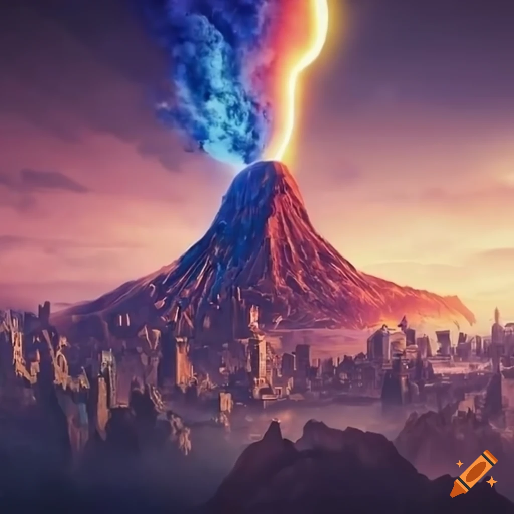 Fantasy city with erupting volcano in the backdrop