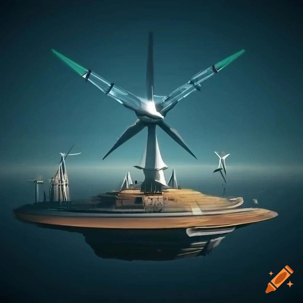Detailed image of a futuristic floating wind farm on Craiyon