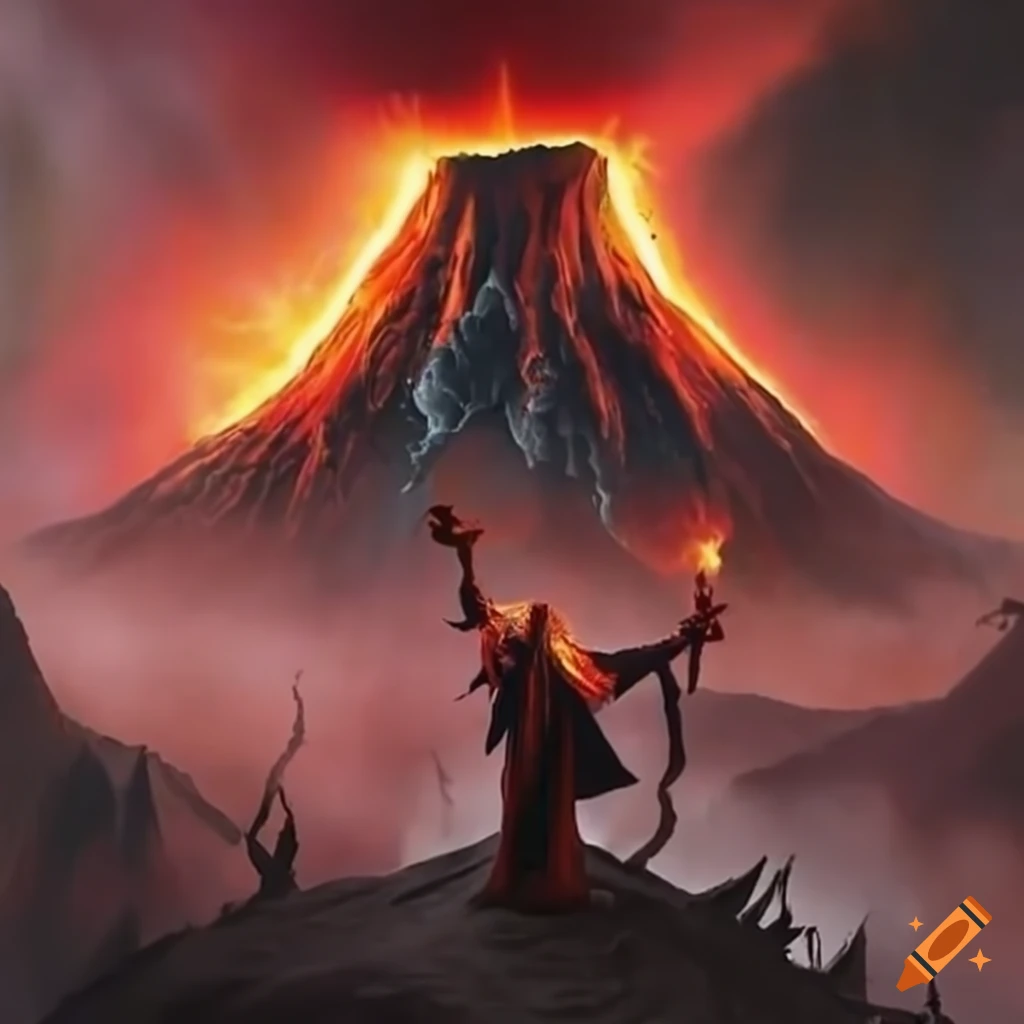 Sinister wizard conjuring spells on a volcano on Craiyon