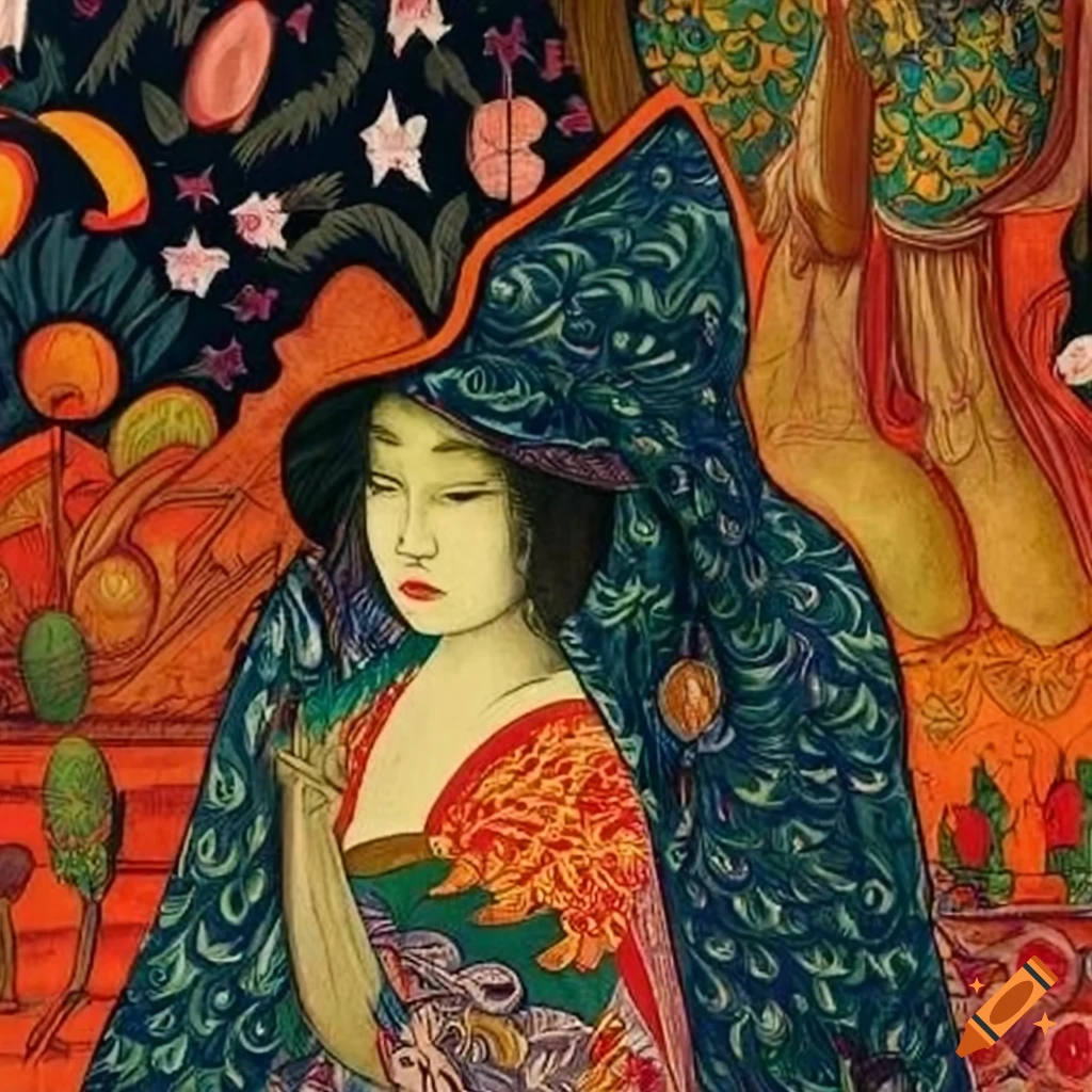 Storybook illustration of a mystical curandera raven and elegant mother ...