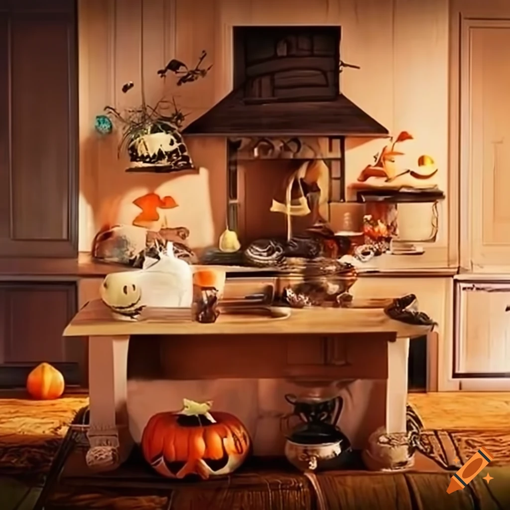 Spooky ghosts and goblins cleaning a halloween-themed kitchen
