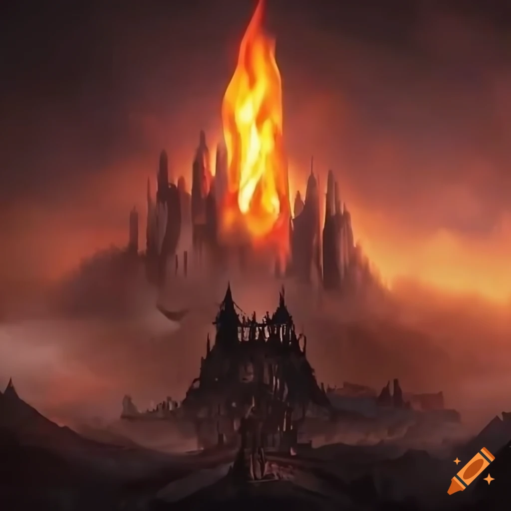 Fairytale illustration of a burning apocalyptic world