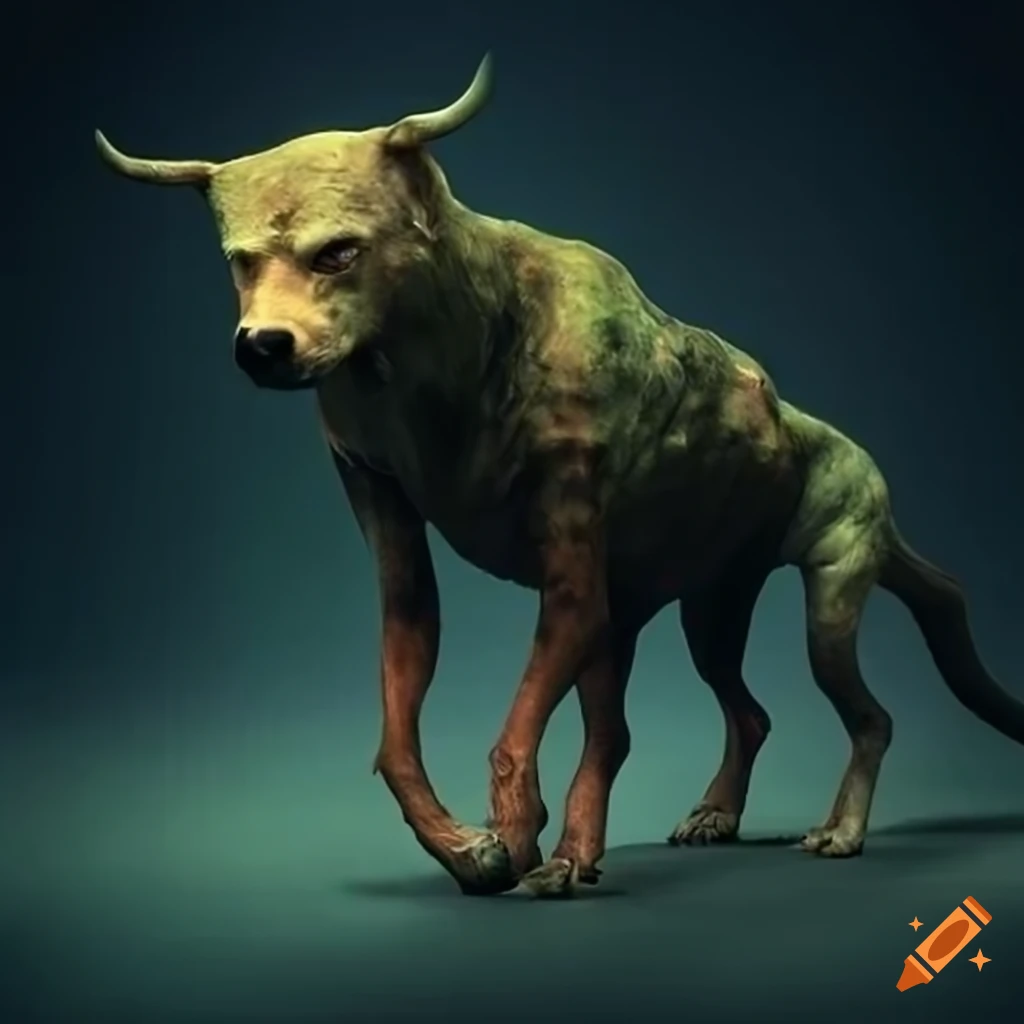 Surreal creature with features of a cow, dog, and wolf on Craiyon