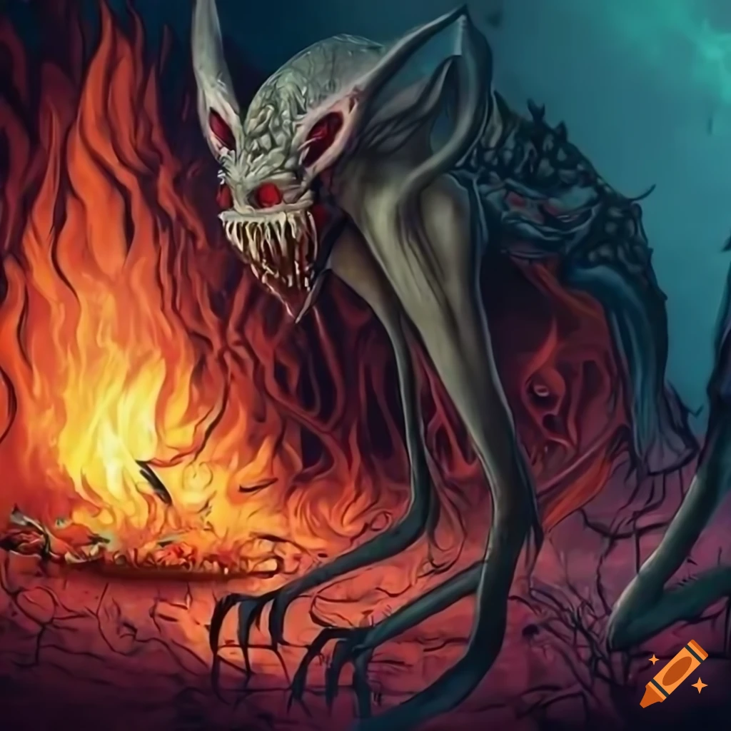 Dystopian creature emerging from flames illustration on Craiyon