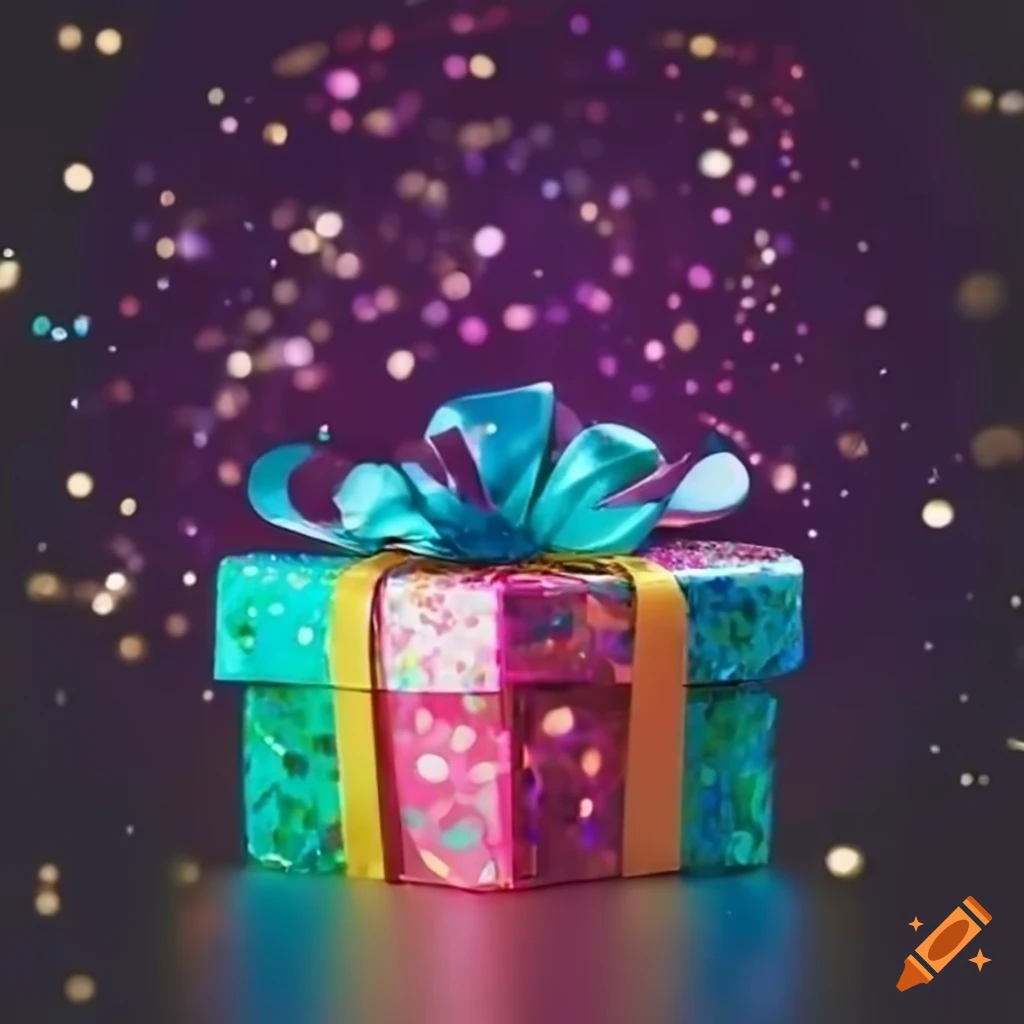Sparkling colorful gift on a bright background on Craiyon