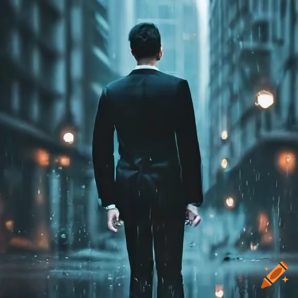 Back view of a person in a black suit in an industrial city on Craiyon