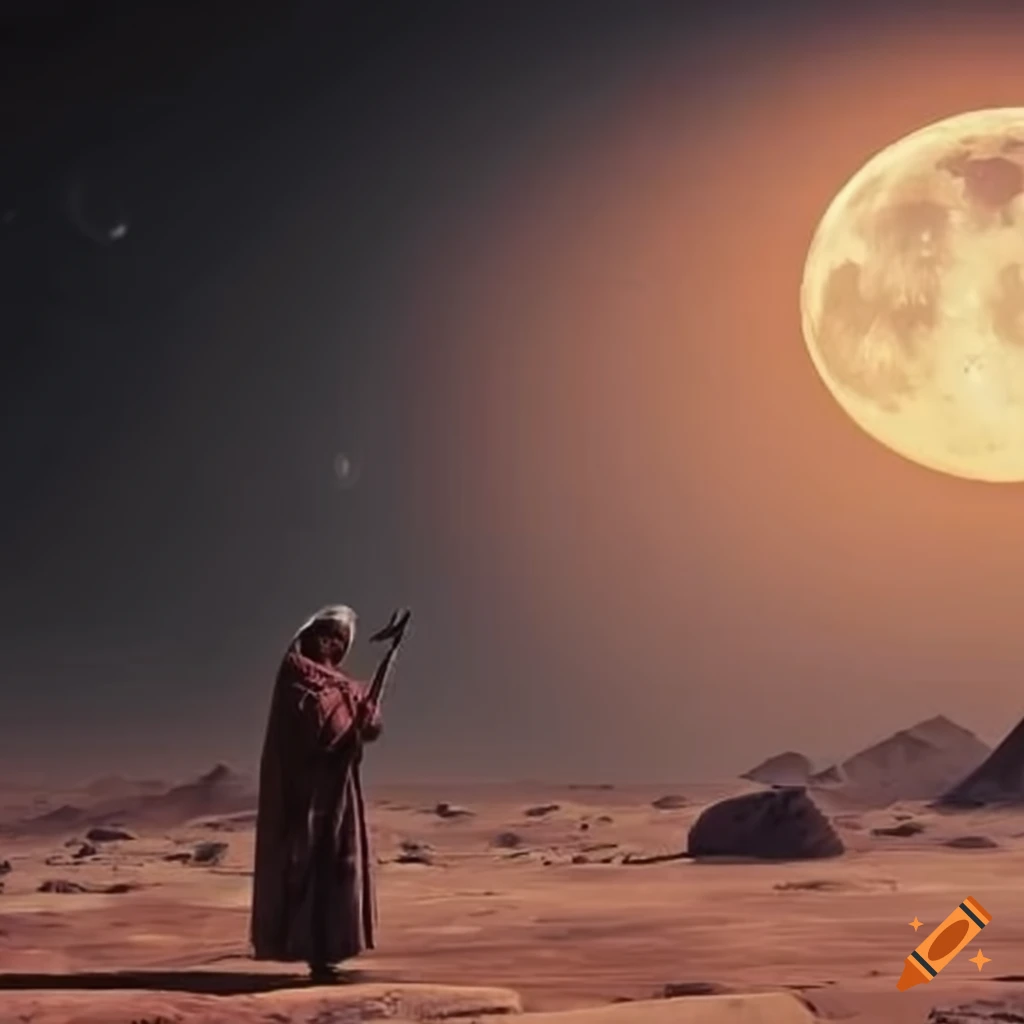 Depiction of a man splitting the moon in 7th century Arabia on Craiyon