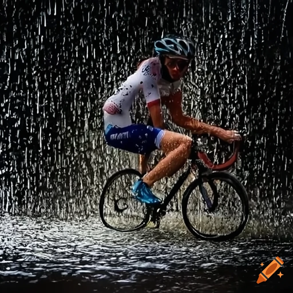 Funny picture of a cyclist in heavy rain on Craiyon