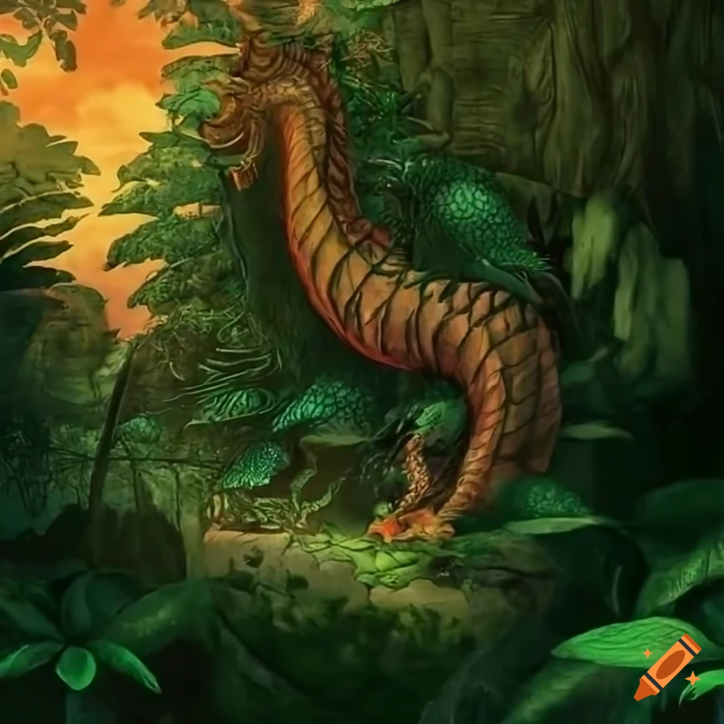 Statue of a dragon in a lush jungle on Craiyon