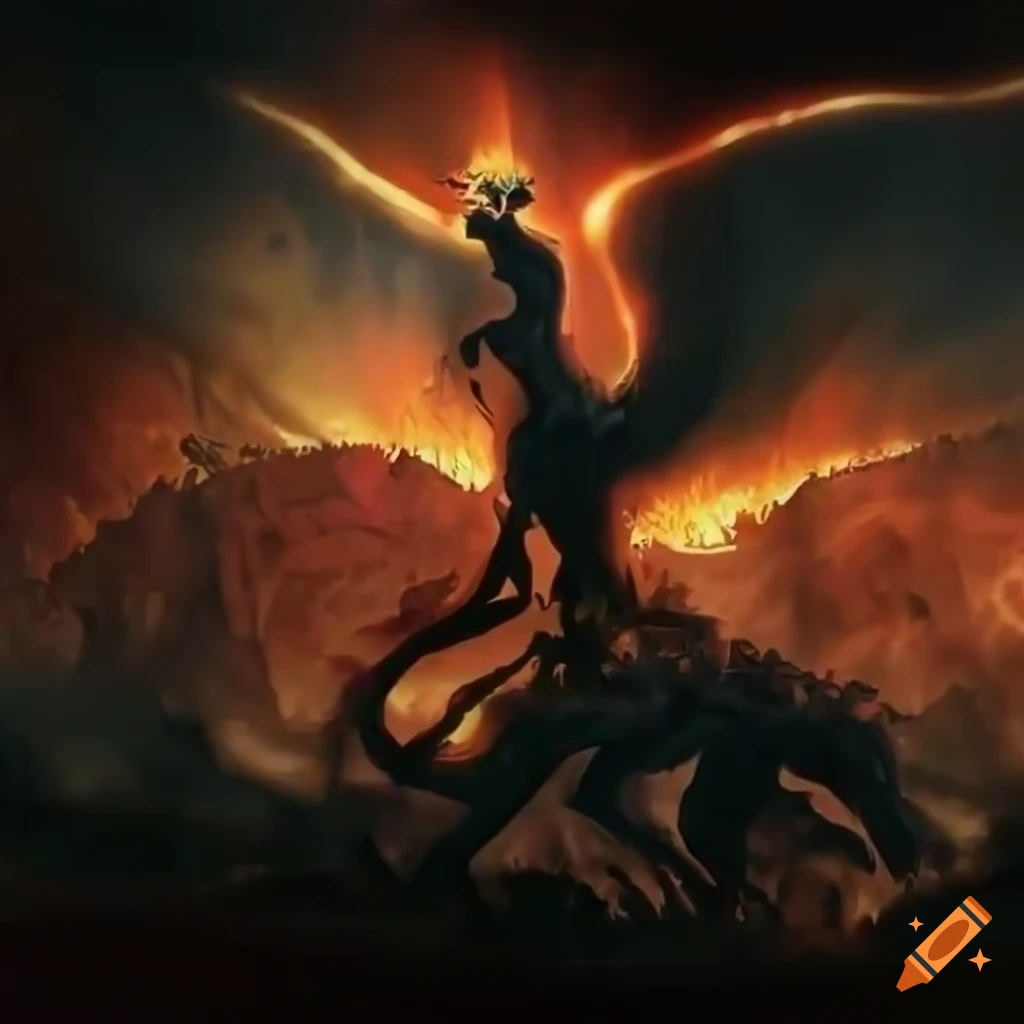 Fairytale illustration of a menacing monster in flames on Craiyon