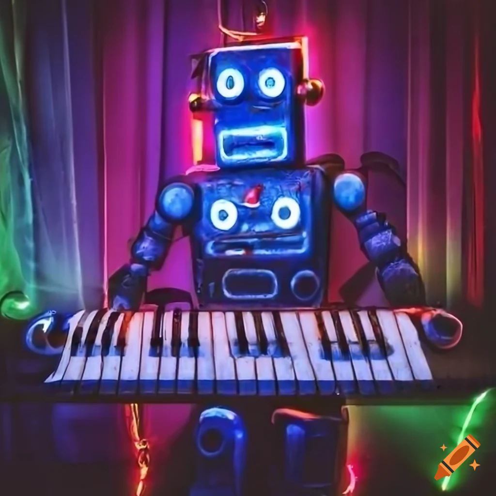Neon robot playing keyboard with colorful lights on Craiyon
