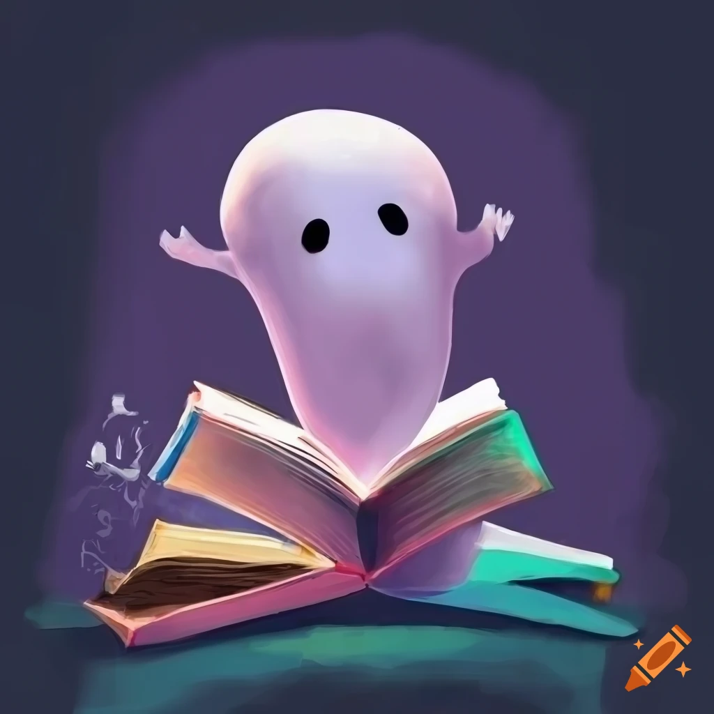 Digital art of a friendly ghost reading a book on Craiyon